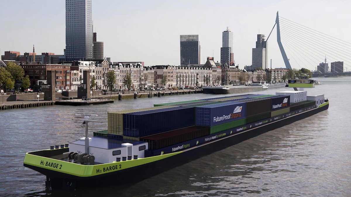 The hydrogen fuel-cell powered container ship H2 Barge 2 will transport ...